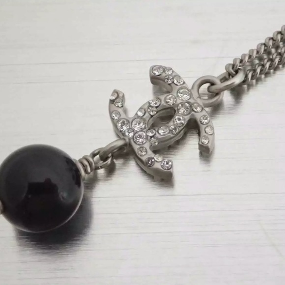 CHANEL | Jewelry | Chanel Logo Necklace Blacksilvertone Rhinestone ...